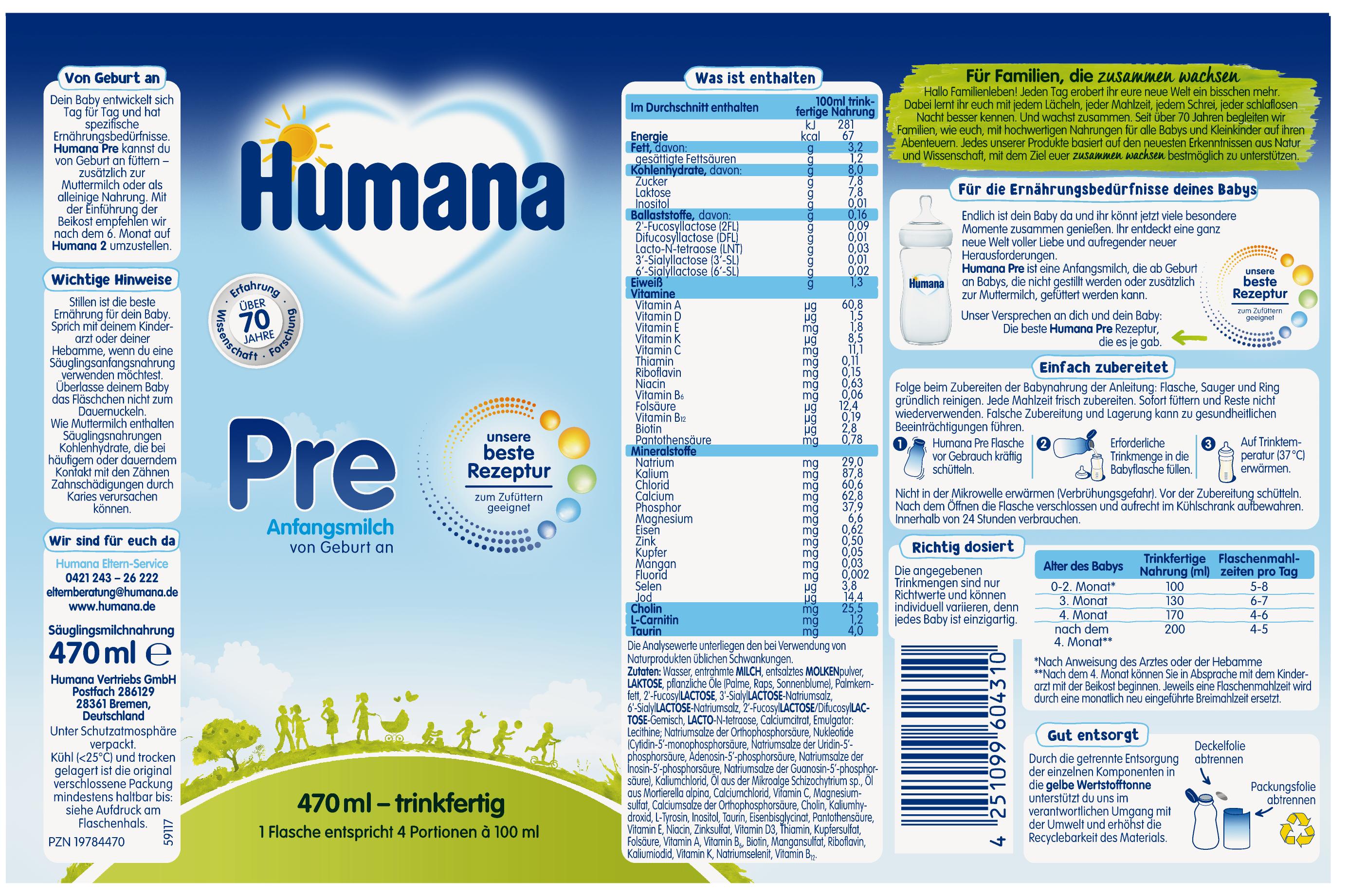 Humana Anfangsmilch PRE: Trinkfertige Babynahrung