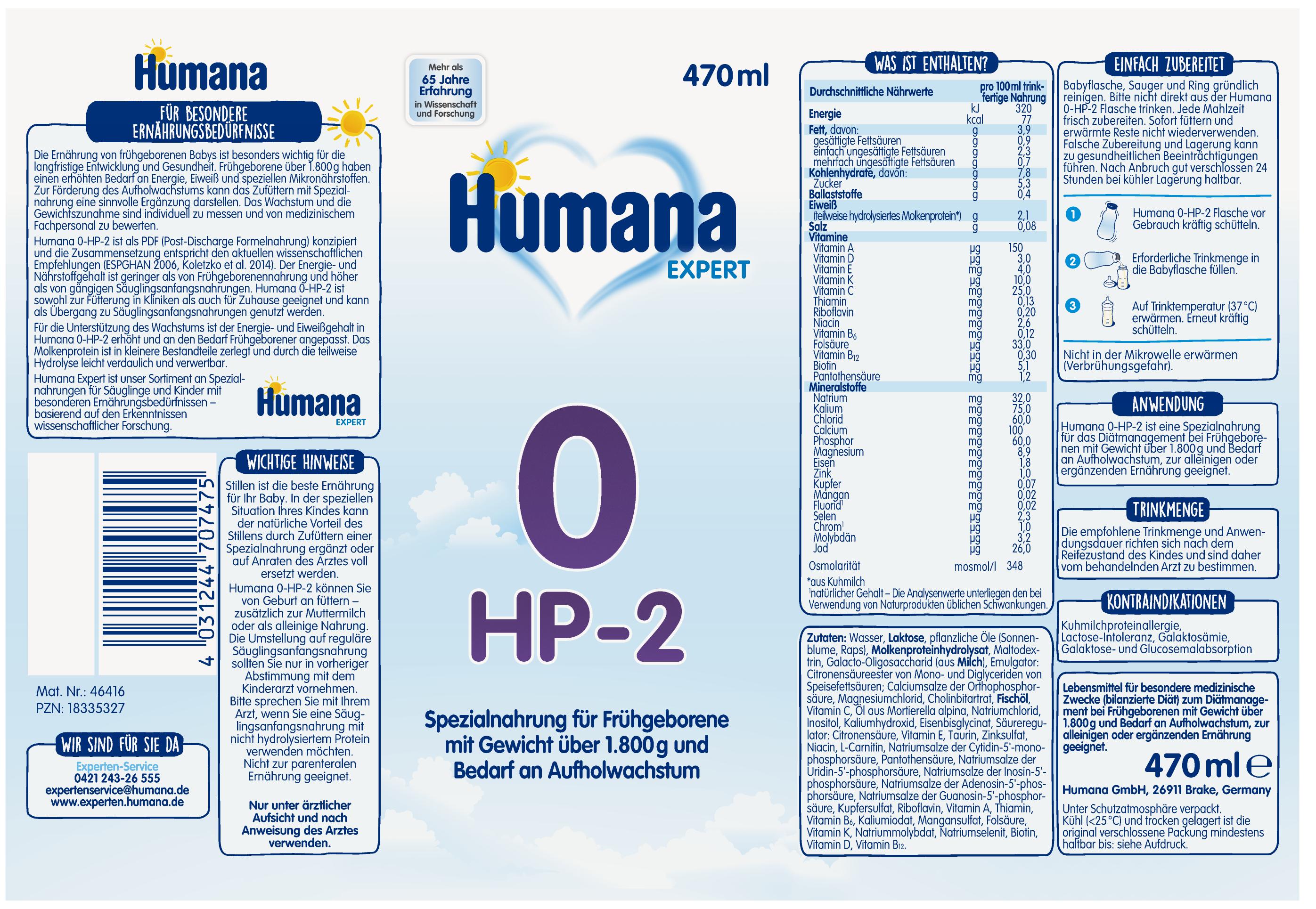 Humana 0-HP-2 Expert: Spezialnahrung für Frühgeborene