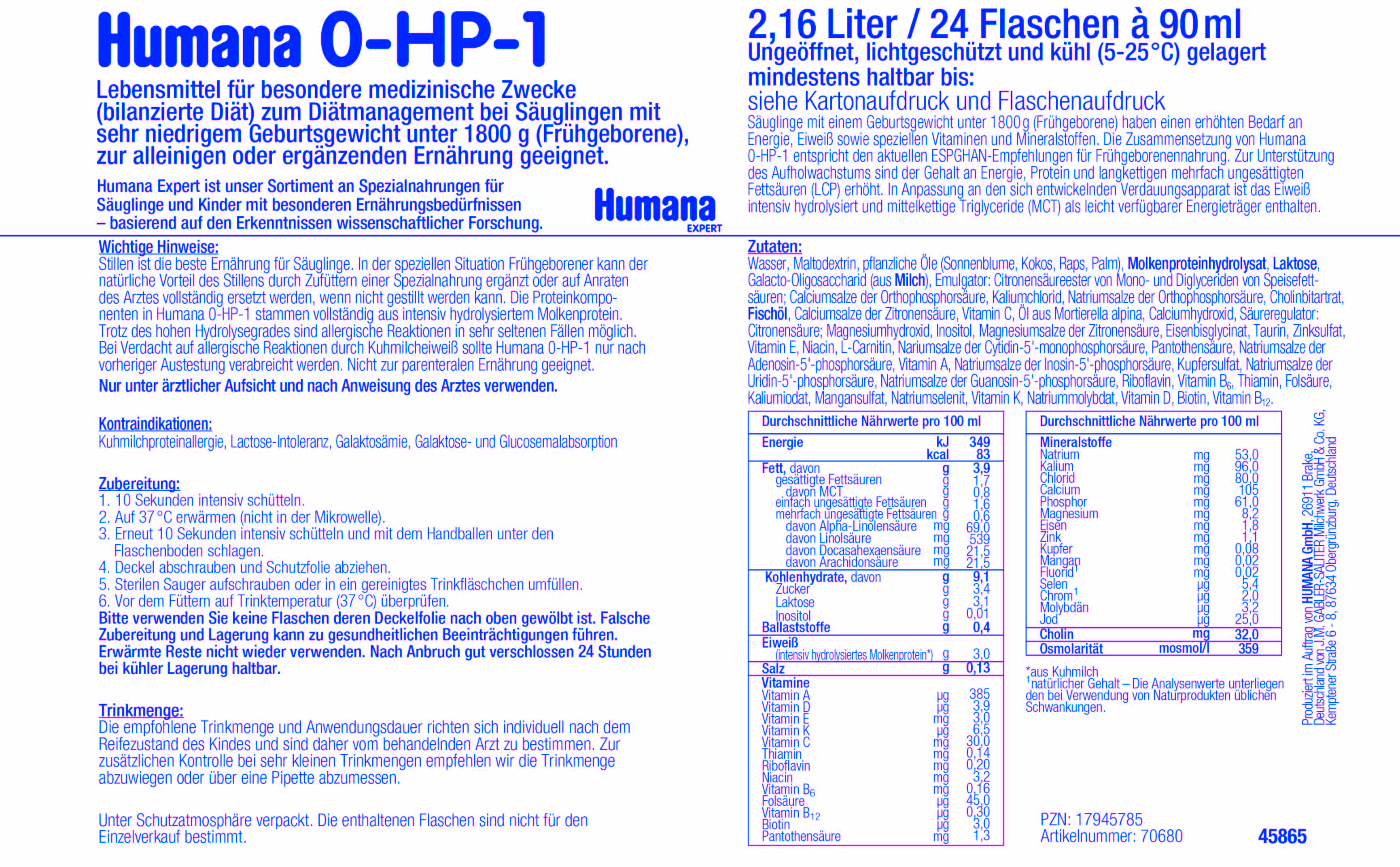 Humana 0-HP-1 Expert: Spezialnahrung für Frühgeborene